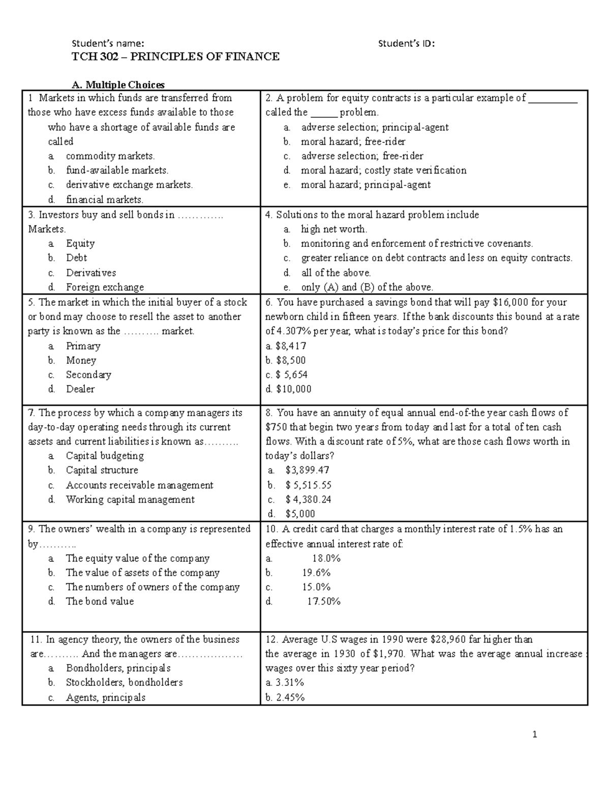 TCH 302 Mock Exam 2020: Principles of Finance Multiple Choice Questions ...
