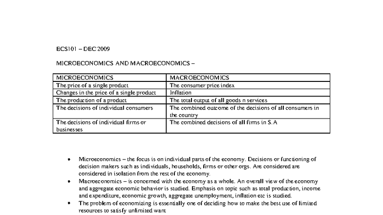 ECS101 DEC 2009 Microeconomics & Macroeconomics Study Guide - Studocu