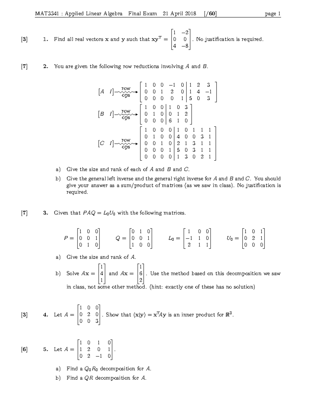 MAT3341: Applied Linear Algebra Final Exam Solutions - April 2018 - Studocu