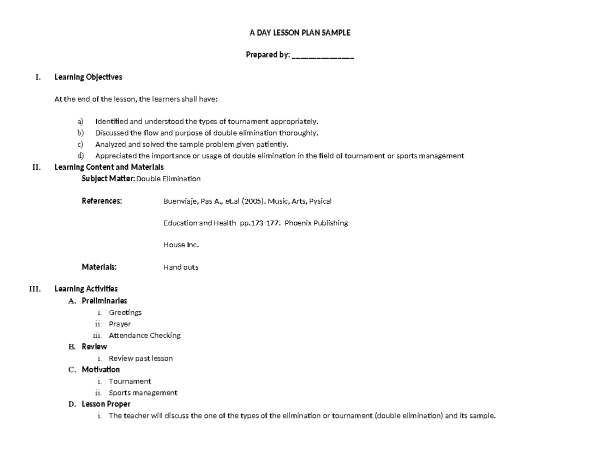 A DAY Lesson PLAN Sample - A DAY LESSON PLAN SAMPLE Prepared by ...