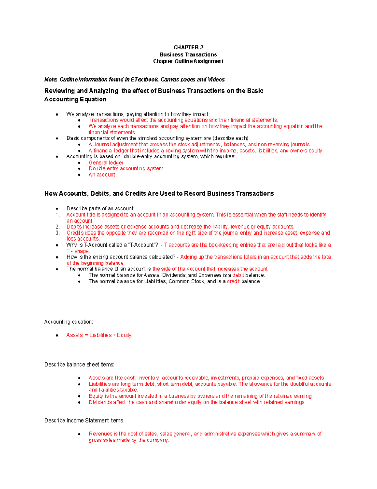 M2 Chapter 2 Outline: Business Transactions & Accounting Equation - Studocu