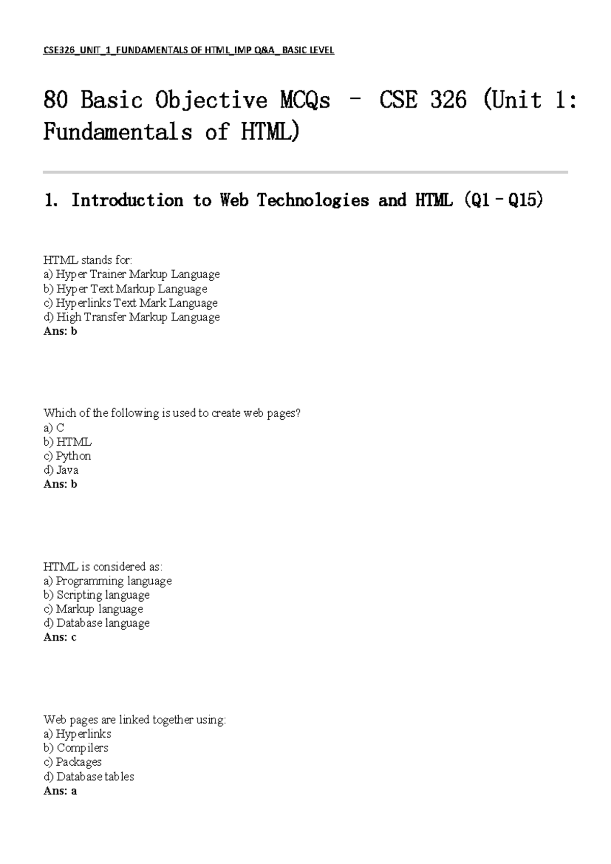 CSE326_UNIT_1_HTML_Basic_Level_80_Objective_MCQs - Studocu