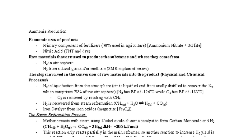 Chem Depth Study Cheat Sheet for Haber Process (CHEM 101) - Studocu