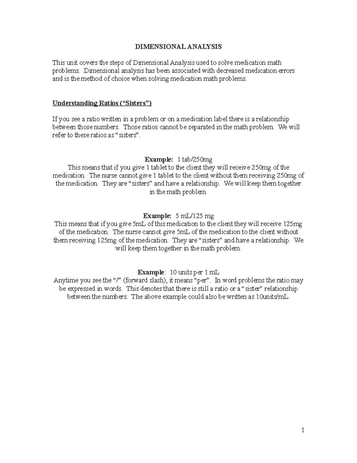 medication math examples - DIMENSIONAL ANALYSIS This unit covers the ...