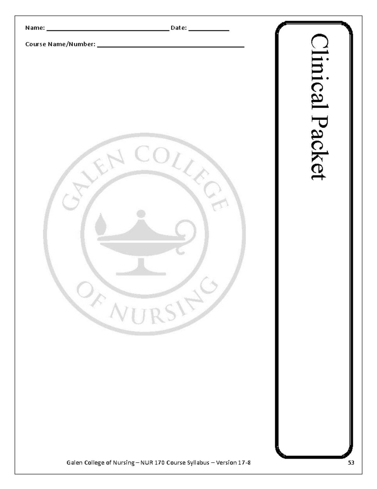 Blank Clinical Packet Copy (3) Copy - Name: Date: Course Name/Number ...