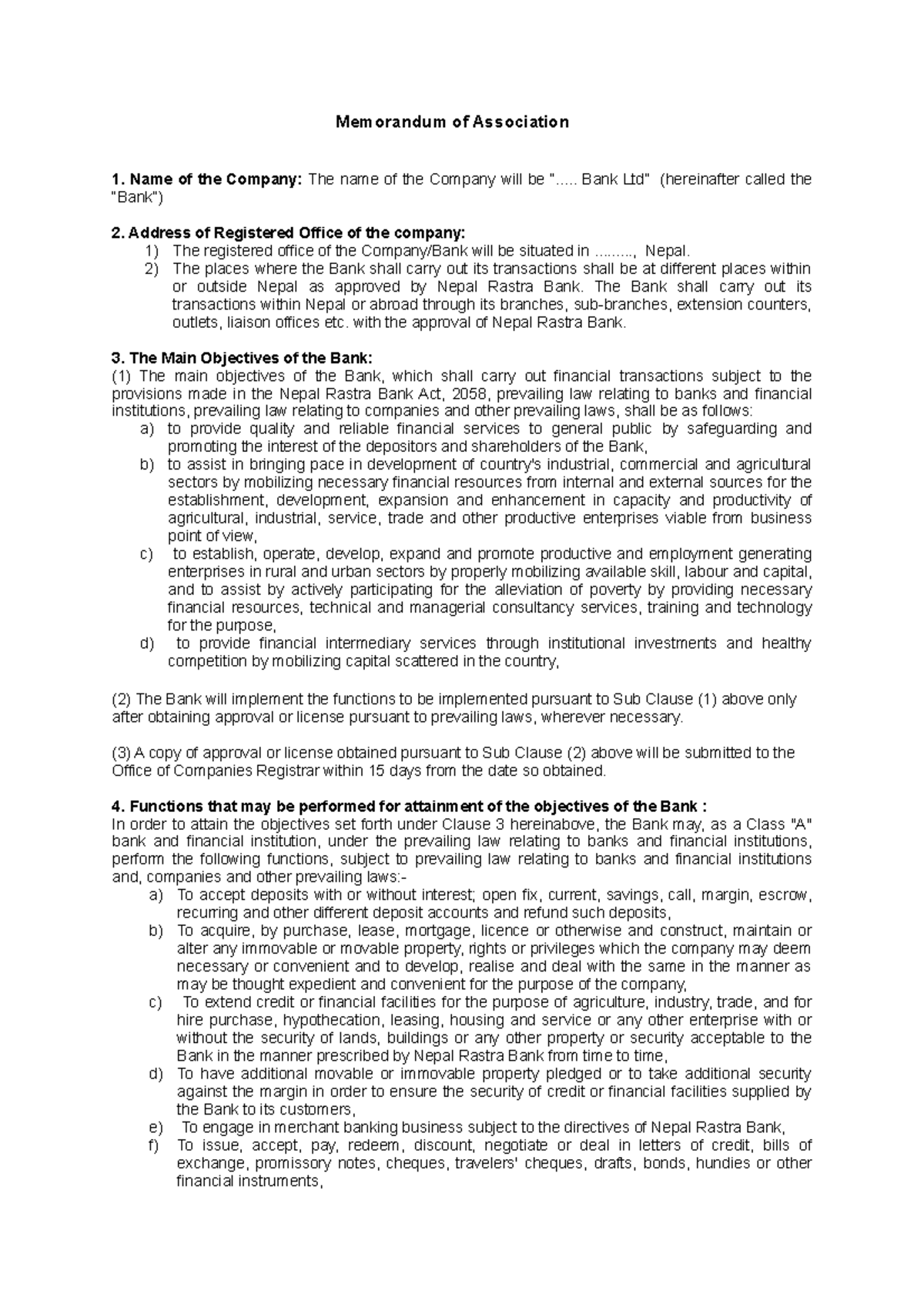 Memorandum of Association Sample for Banks - CZX 1234 - Studocu