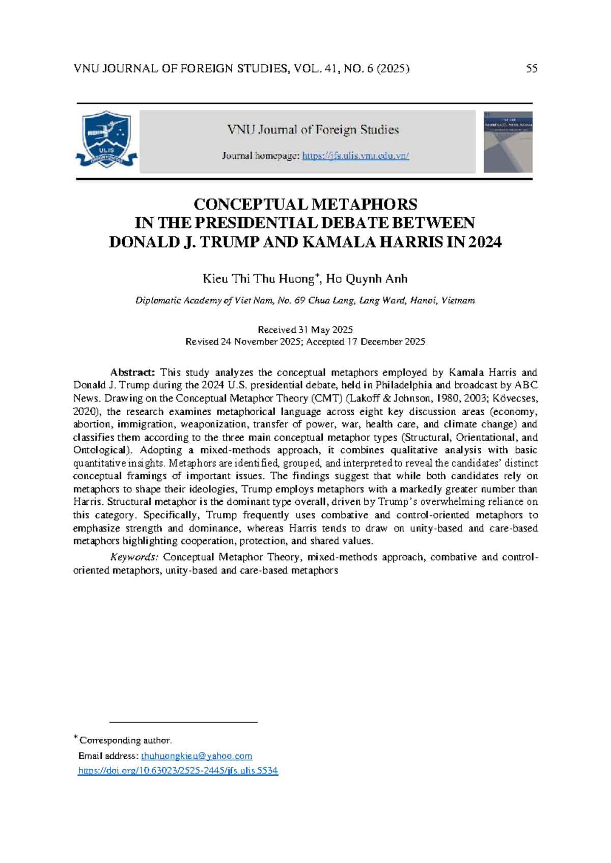 Conceptual Metaphors in the 2024 U.S. Presidential Debate: Trump vs ...