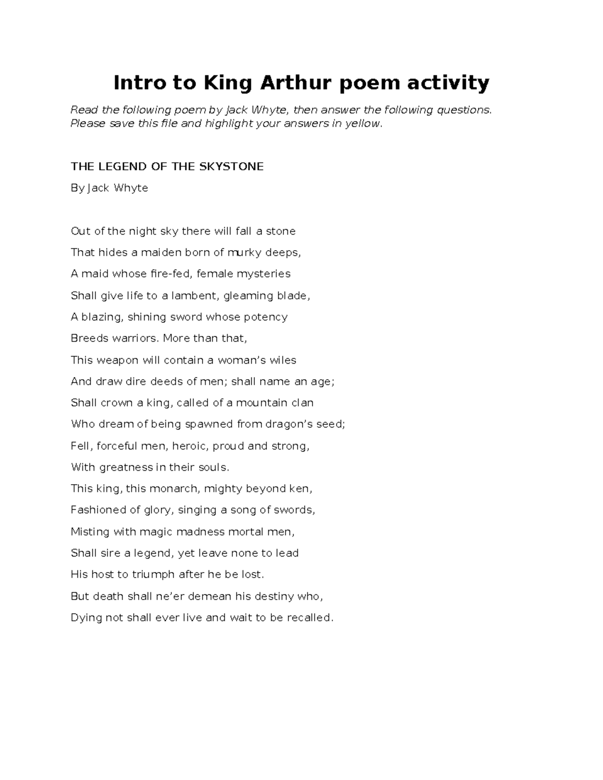 Introduction to King Arthur Poem Activity SGT Edit A - Studocu