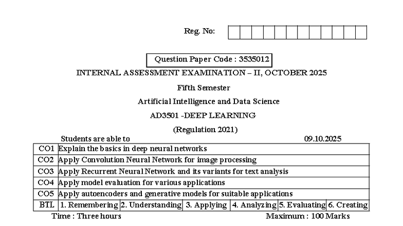 AD3501 AI & DS Internal Assessment Exam II - QP 3535012 - Studocu