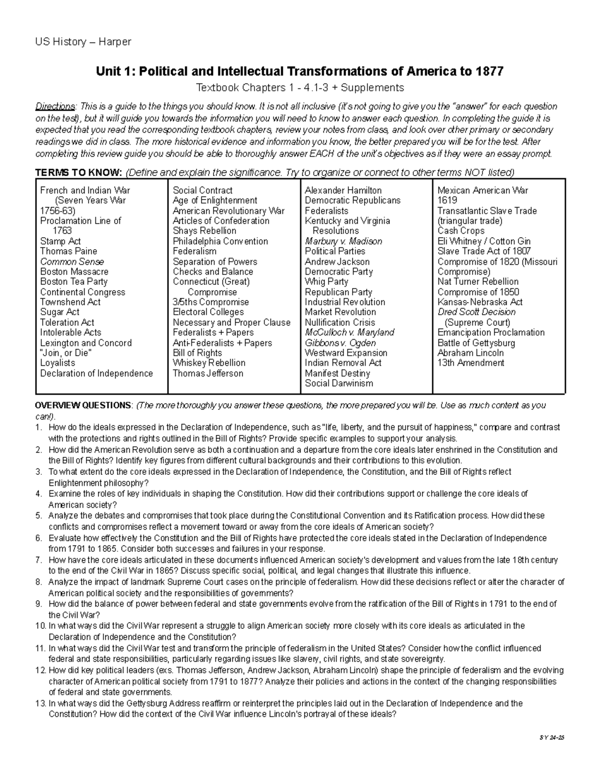 US History 101: Unit 1 Review Guide on Political & Intellectual Changes ...
