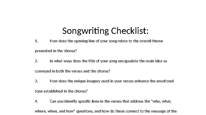 Songwriting Checklist: Analyzing Structure & Themes in Your Song - Studocu