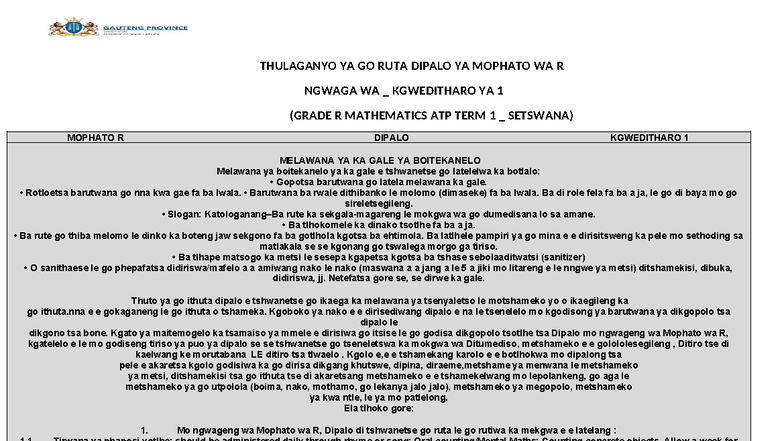 ATP TERM 1: Grade R Mathematics Teaching Guidelines in Setswana - Studocu