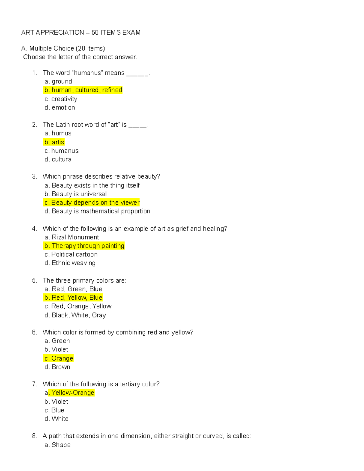 ART APPRECIATION 50 ITEMS EXAM A: Multiple Choice Questions - Studocu