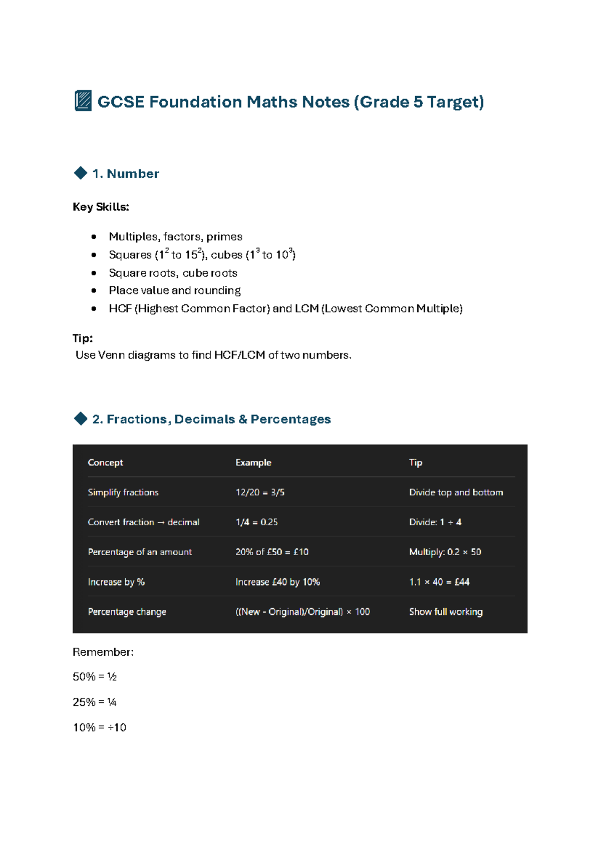 GCSE Foundation Maths Study Notes for Grade 5 Target Students - Studocu