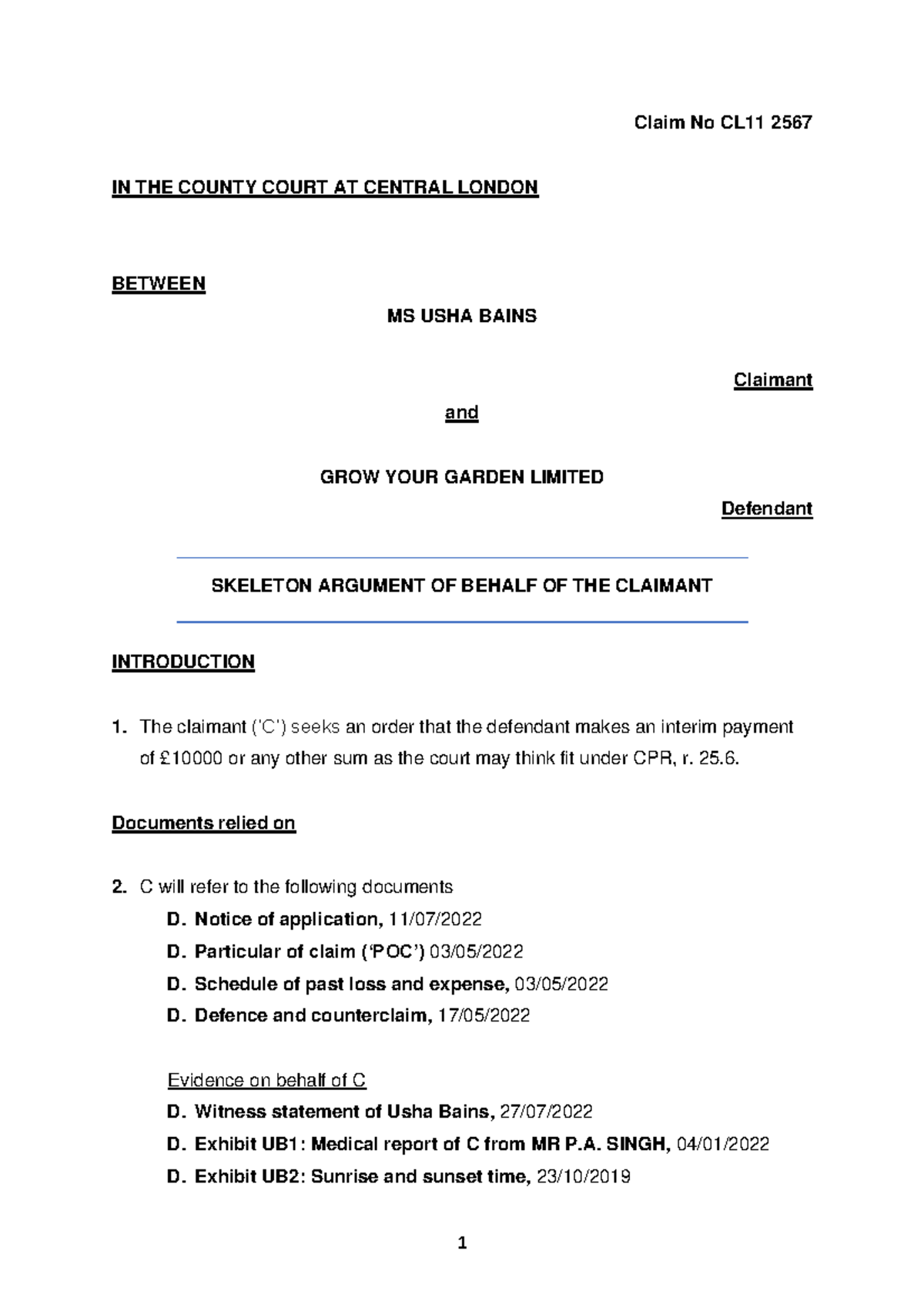 4929 Skeleton Argument for Advocacy Submission by Usha Bains - Studocu