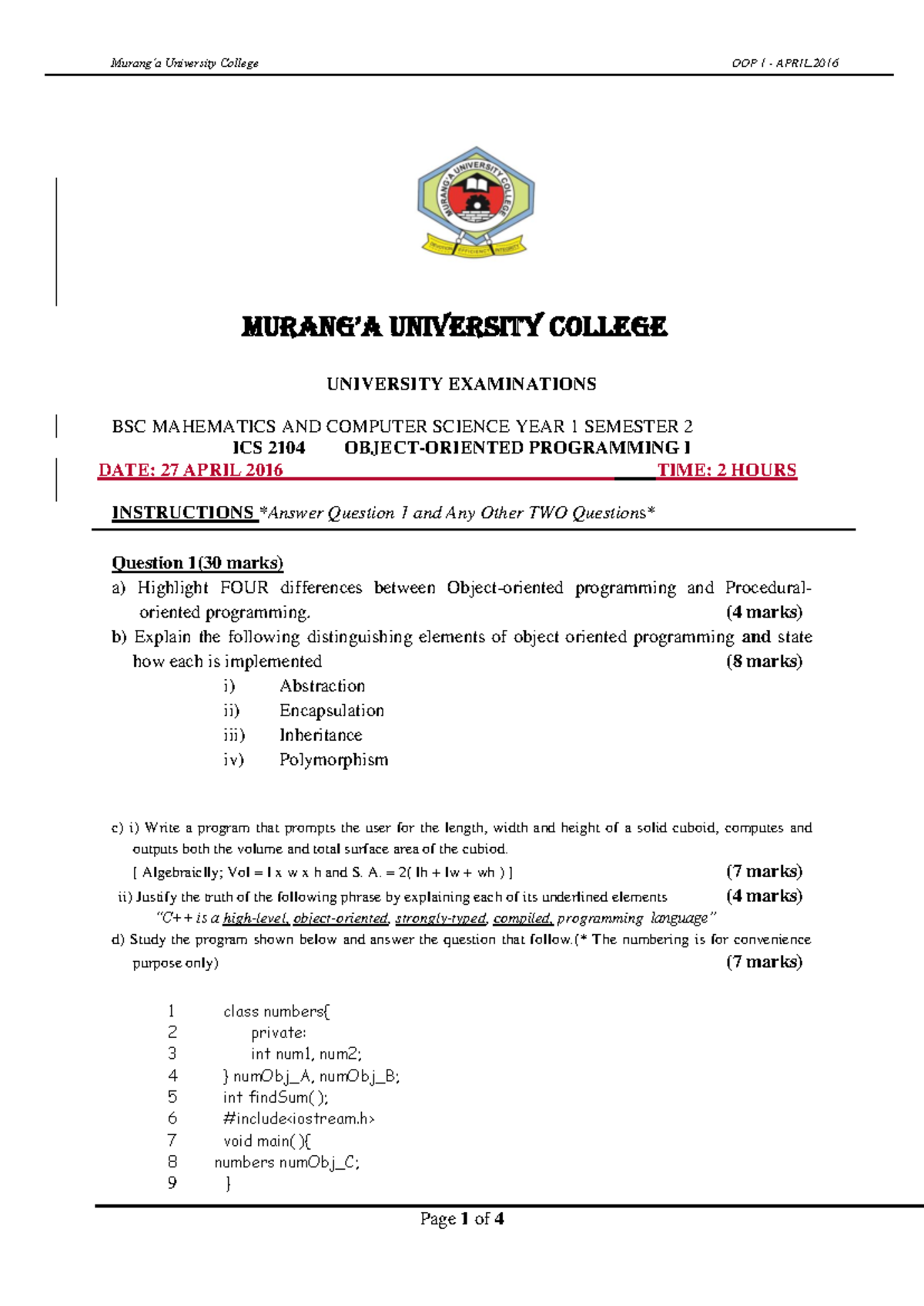 ICS 2104 Object-Oriented Programming Final Exam Past Papers - Studocu