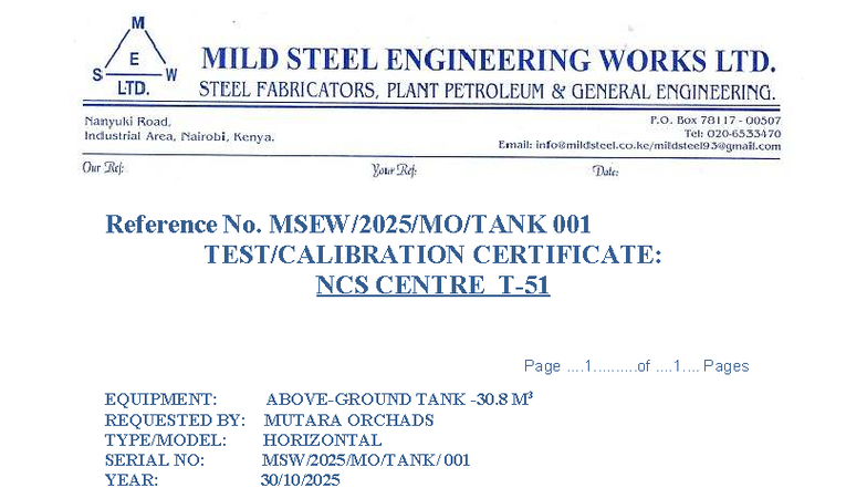 Calibration Certificate for Tank M3 - Mutara Orchards - Studocu