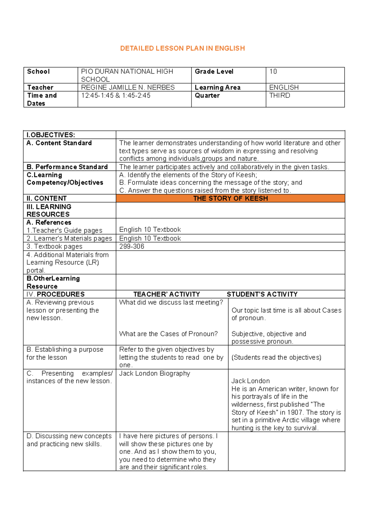 Detailed Lesson Plan in English 10: The Story of Keesh - Studocu