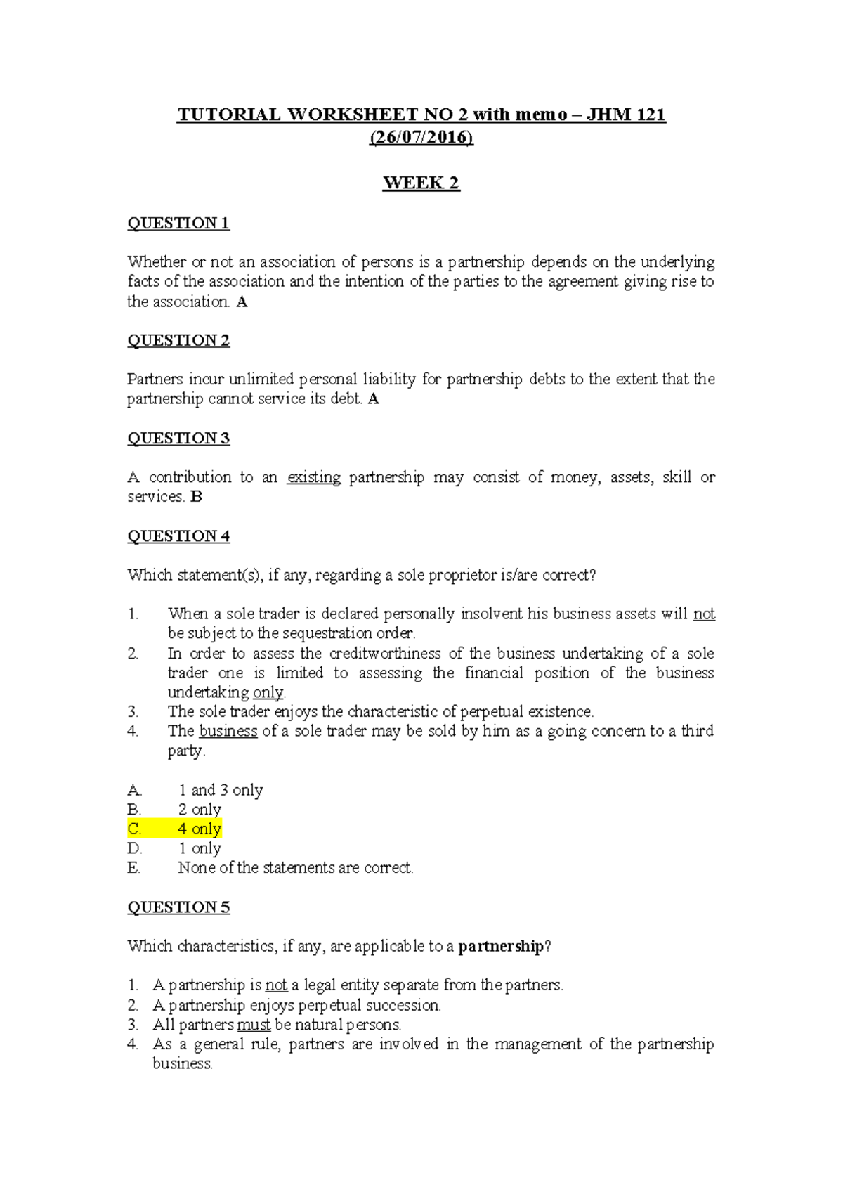 JHM121 - Tutorial Worksheet NO 2 (Week 2) with MEMO - TUTORIAL ...