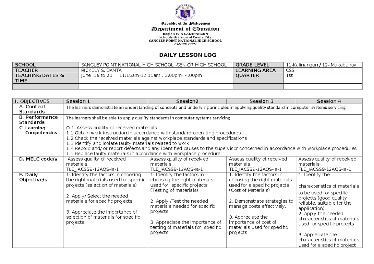 DLL-CSS11 Week 1 - Daily Lesson Log on Computer Systems - Studocu