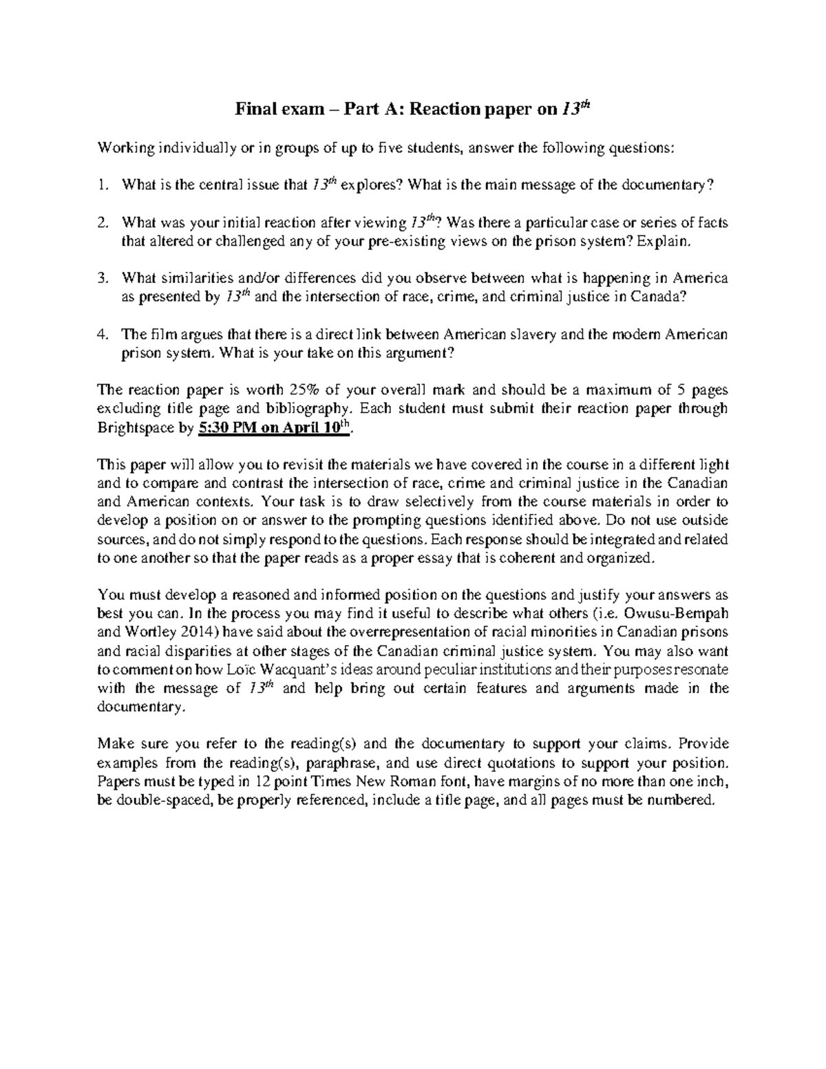 Final Exam Handout: Reaction Paper on '13th' - Part A Analysis - Studocu
