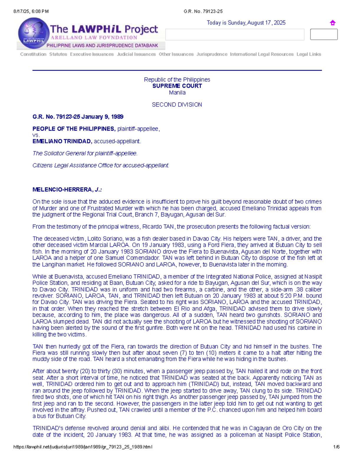 People v. Trinidad: G.R. No. 79123-25 Case Study on Murder and ...