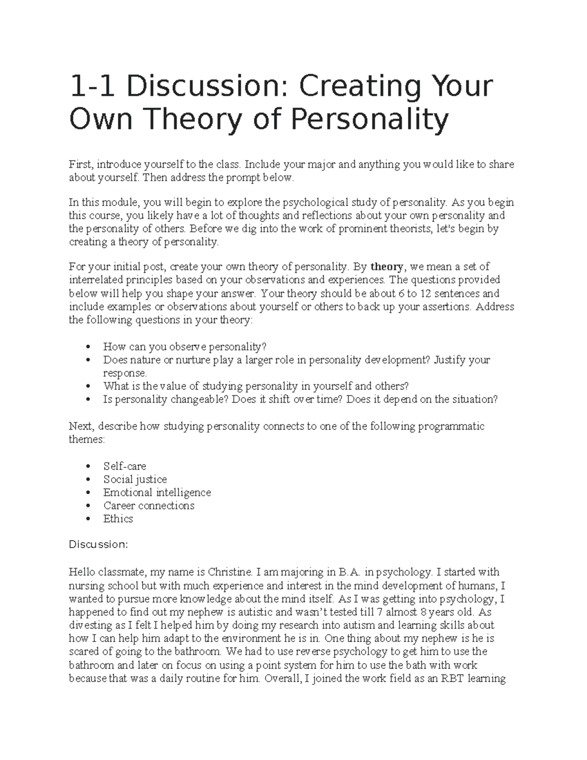 PSY 101: Discussion on Creating Your Own Theory of Personality - Studocu