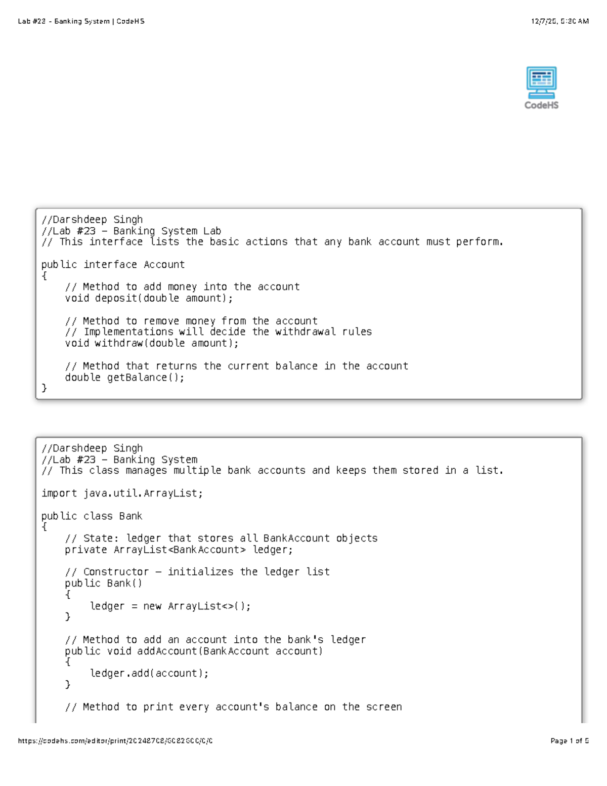 CS 2511 Lab #23 - Banking System Implementation Guide - Studocu
