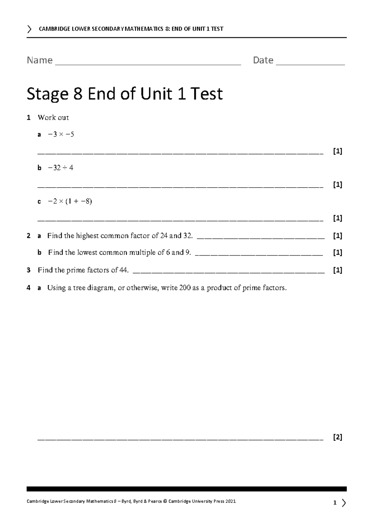 Stage 8 Cambridge Lower Secondary Math End of Unit 1 Test - Studocu