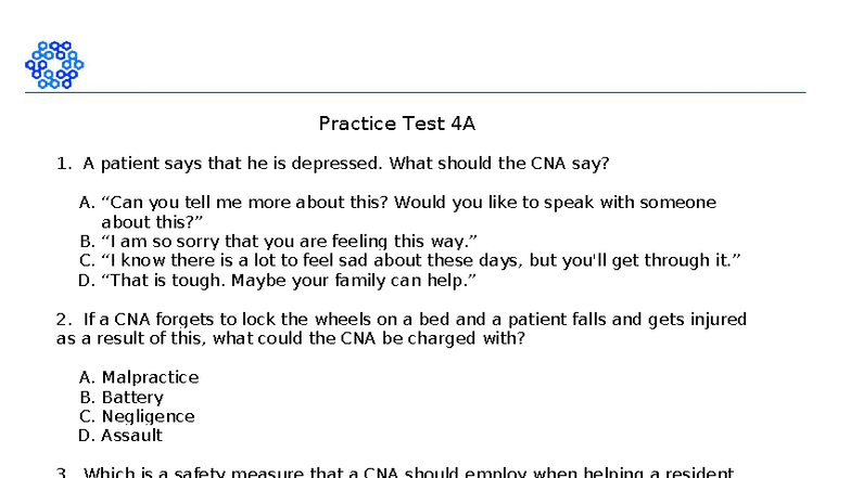 Practice Test 4A - CNA Skills and Safety Protocols - Studocu