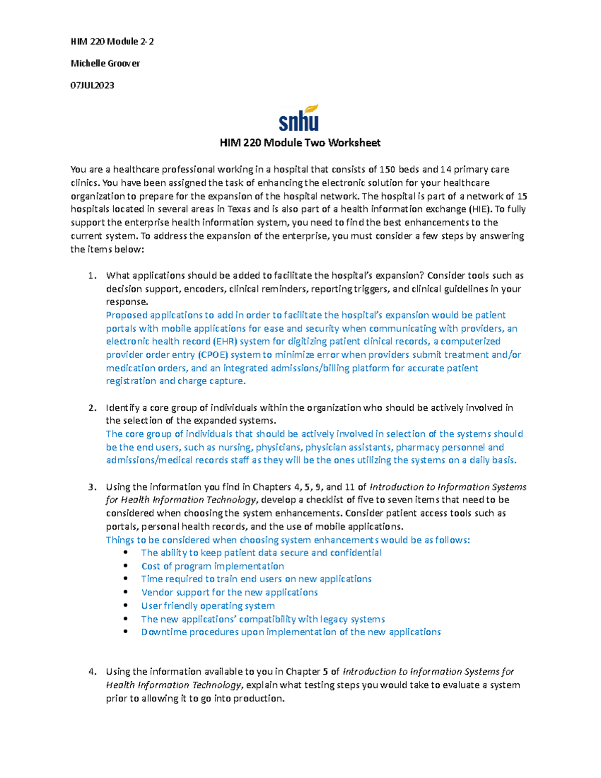 HIM 220 Module 2-2 Worksheet on System Enhancements for Healthcare ...