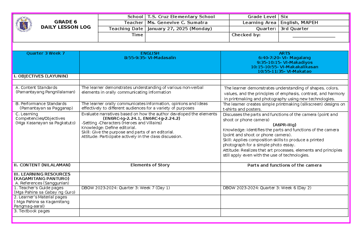 DLL Q3 W7: English & MAPEH Lesson Plan for Grade 6 - Studocu