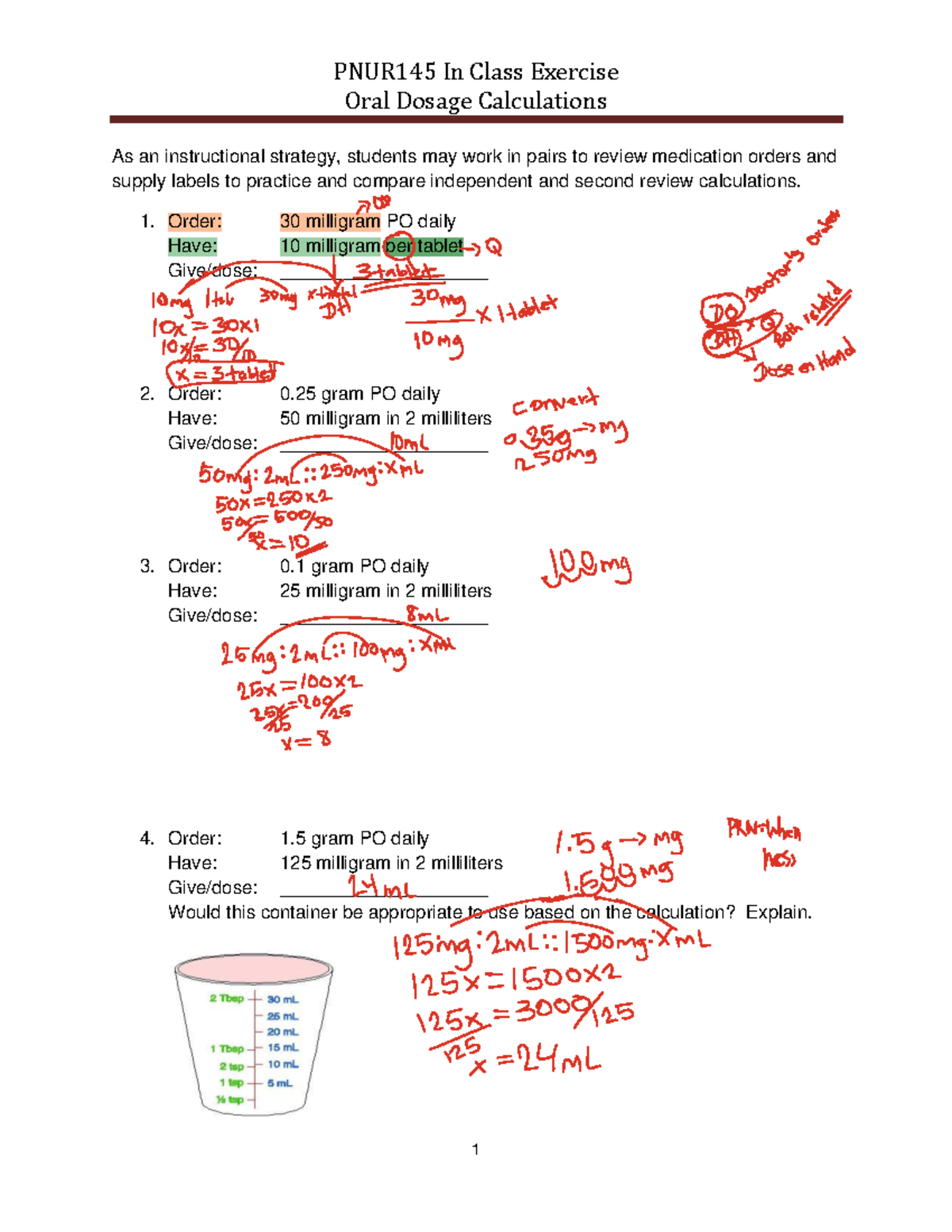 Week 9-10 Oral Dosage Calculation Practice Exercises - Studocu