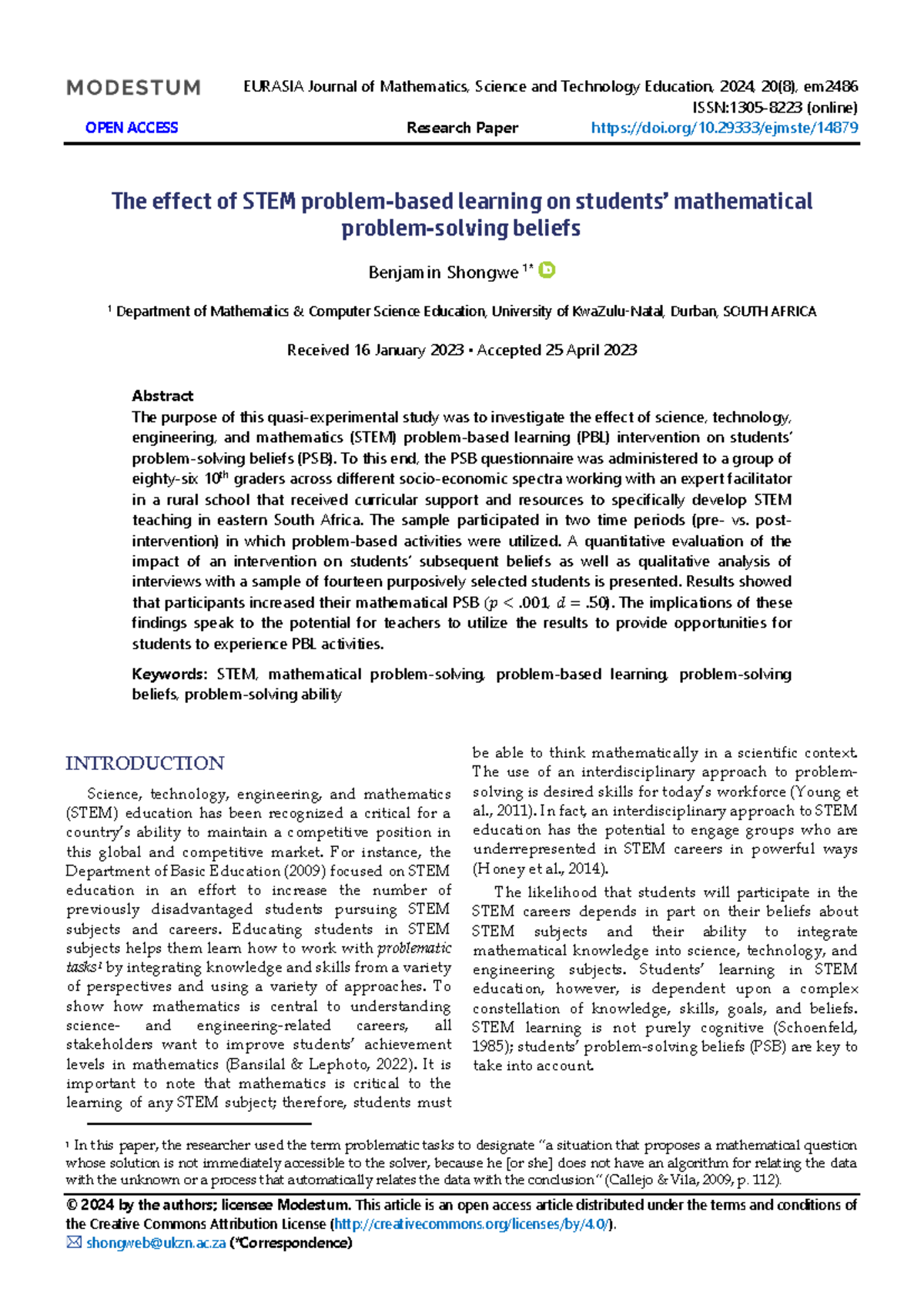 The Effect of STEM PBL on Students' Mathematical Problem Solving ...