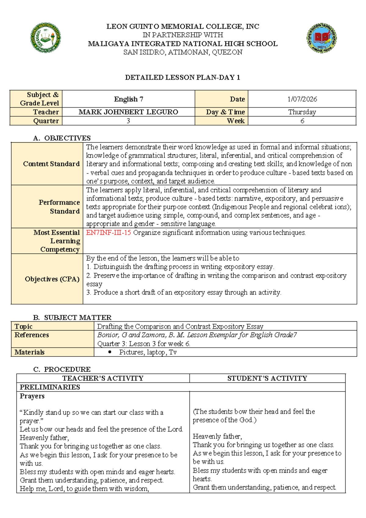 JBLGR 7W6 - Detailed Lesson Plan on Expository Essay Drafting - Studocu