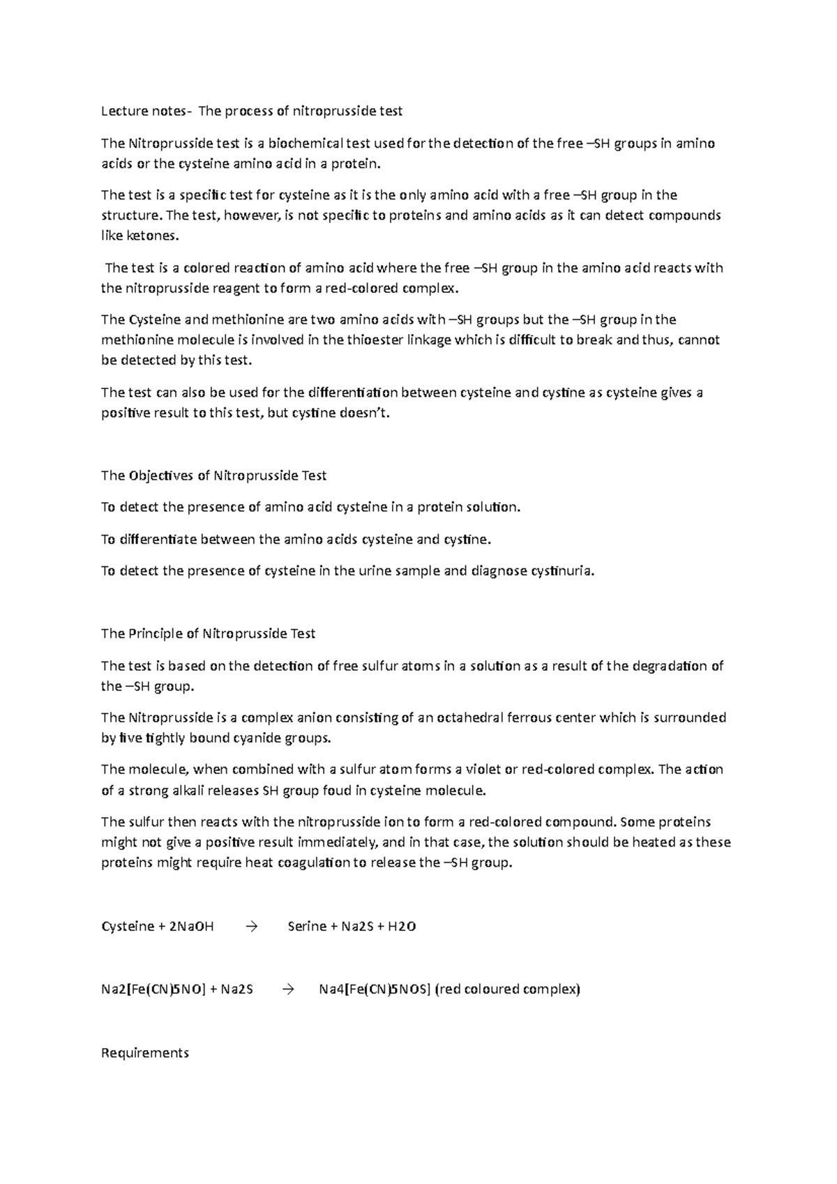 Lecture notes- The process of nitroprusside test - The test is a ...