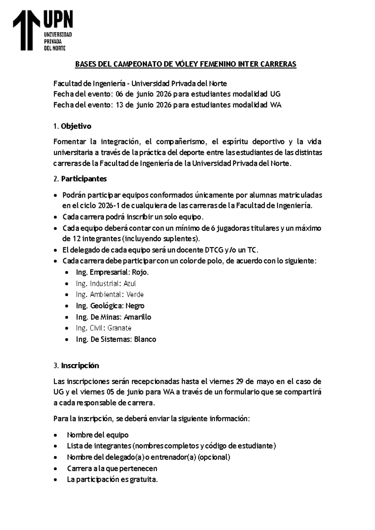 Bases del Campeonato de Vóley Femenino Inter Carreras - UPN 2026 - Studocu