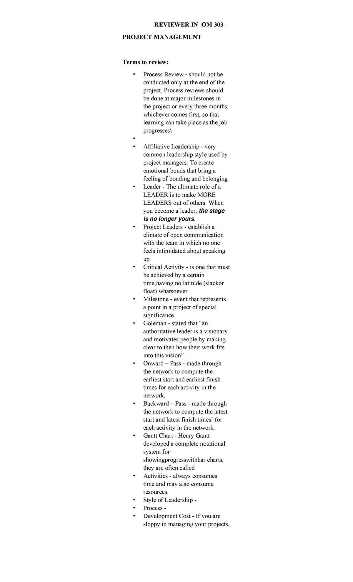 Uwu - dns - REVIEWER IN OM 303 – PROJECT MANAGEMENT Terms to review ...