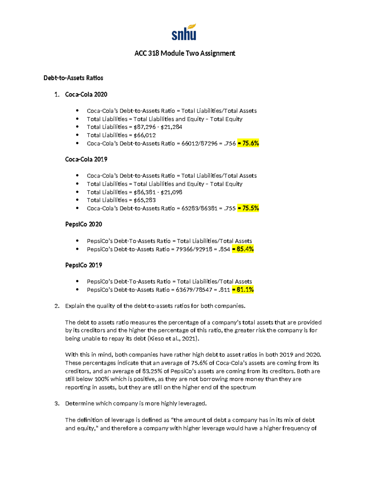 ACC 318 Module Two Assignment: Debt/Assets and Times-Interest Ratios ...