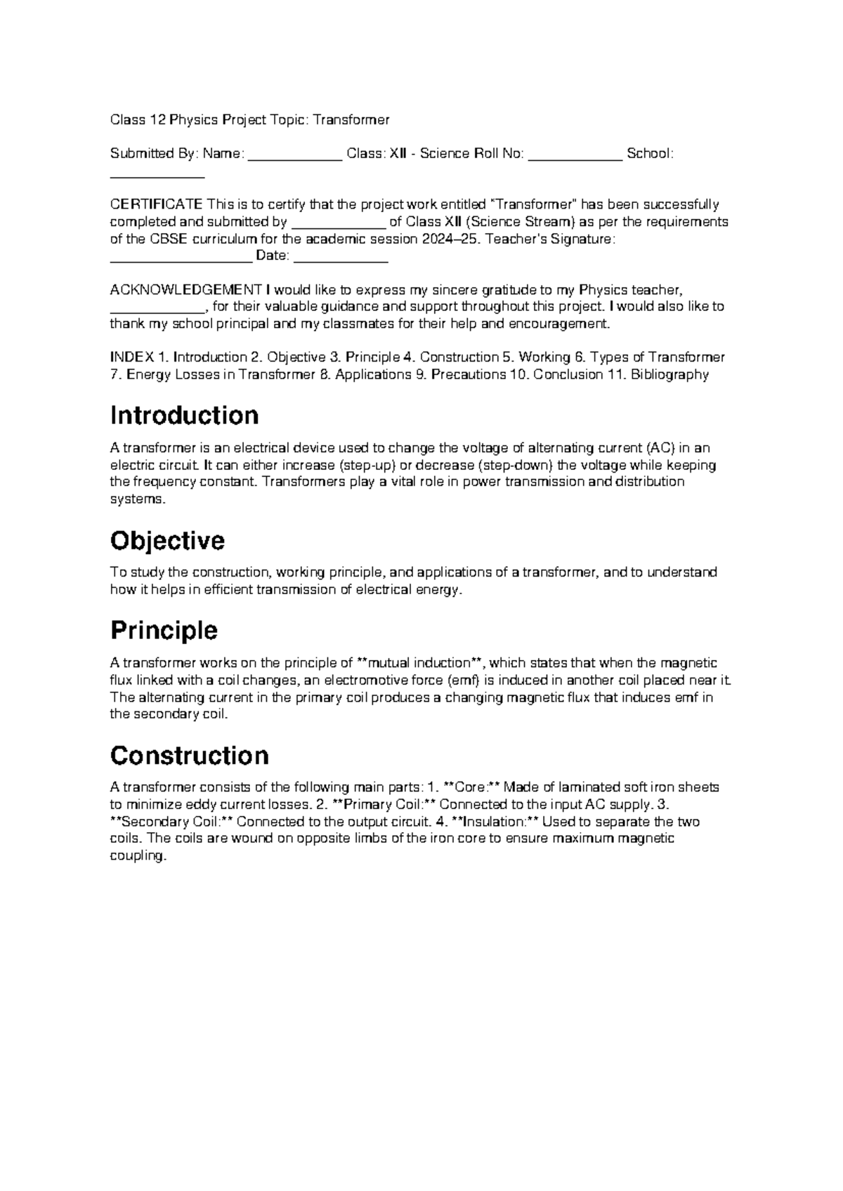 Class XII Physics Project: Understanding Transformers - Studocu