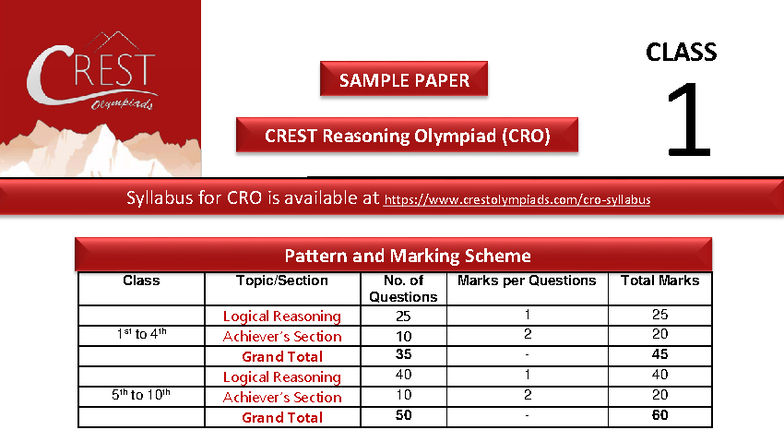 CRO Class 1 Sample Paper: Reasoning Olympiad Practice - Studocu