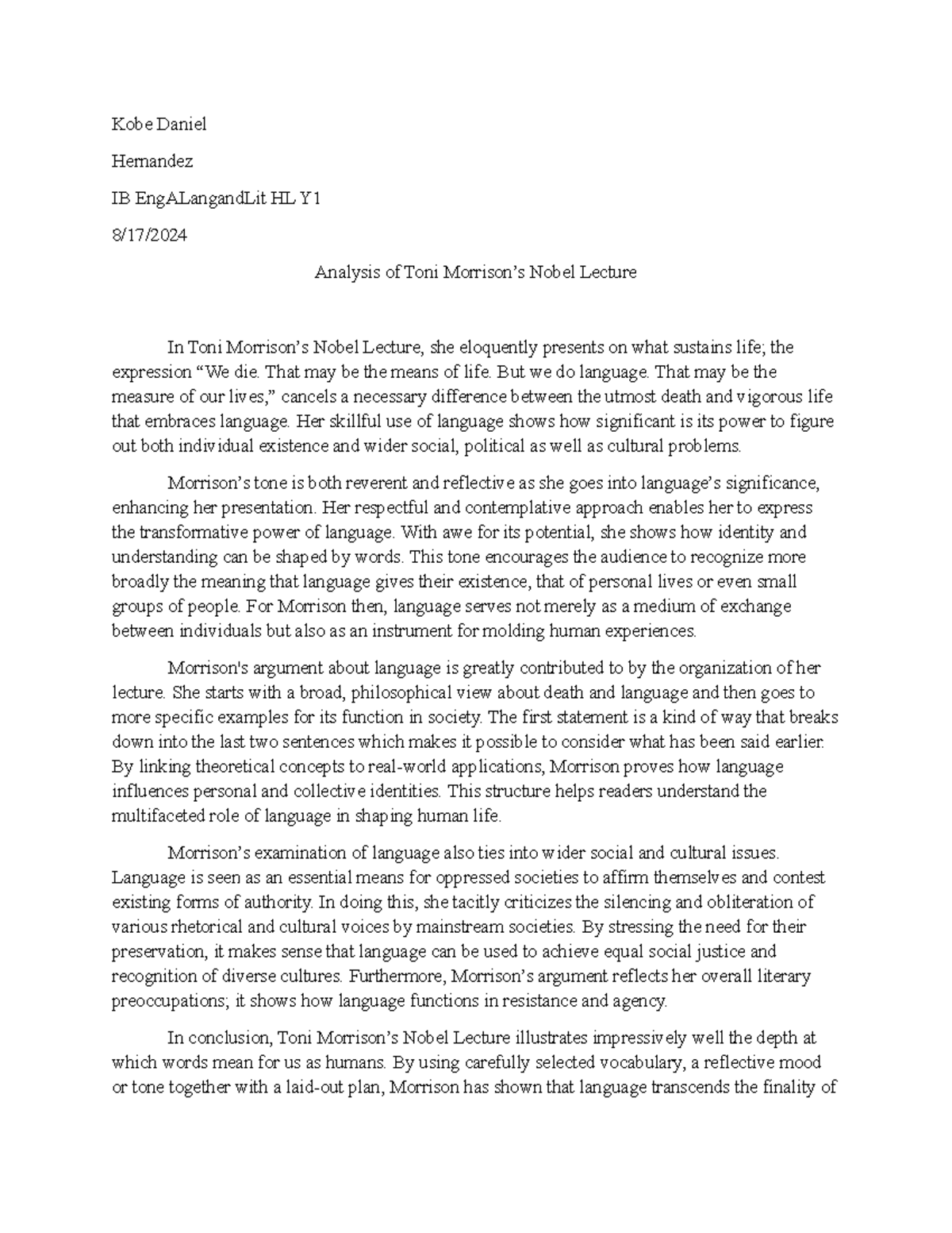 Toni Morrison's Nobel Lecture Analysis - EngALangLit HL Essay - Studocu