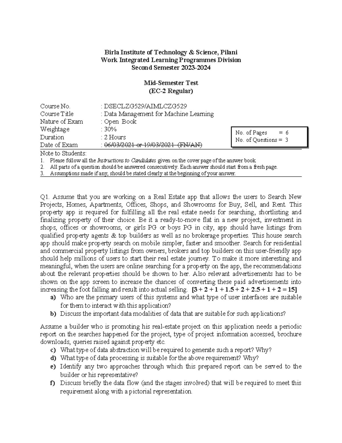Sample Test Paper for Data Management in Machine Learning (WILP) - Studocu