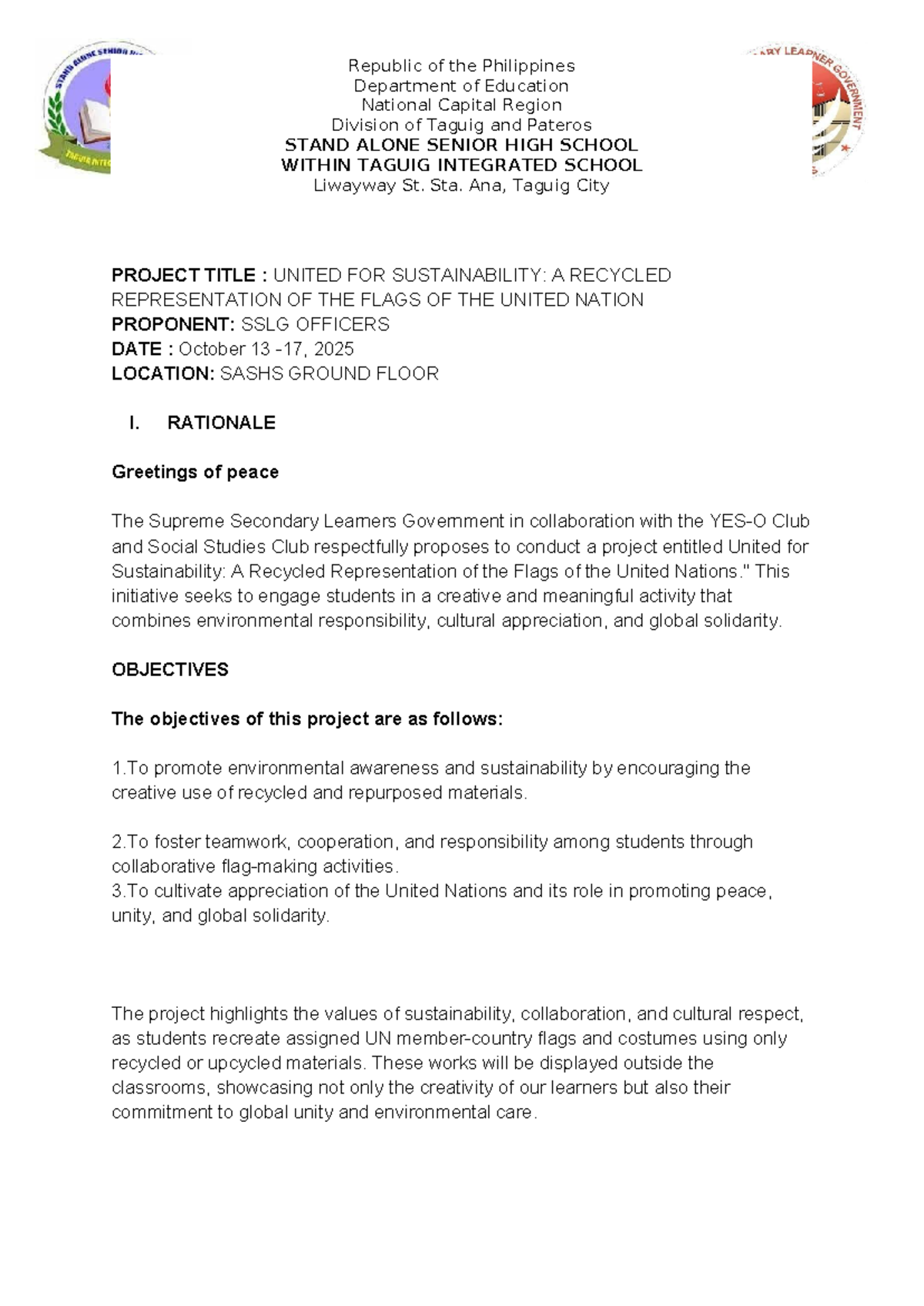 Project Proposal: United for Sustainability - Recycled UN Flags - Studocu