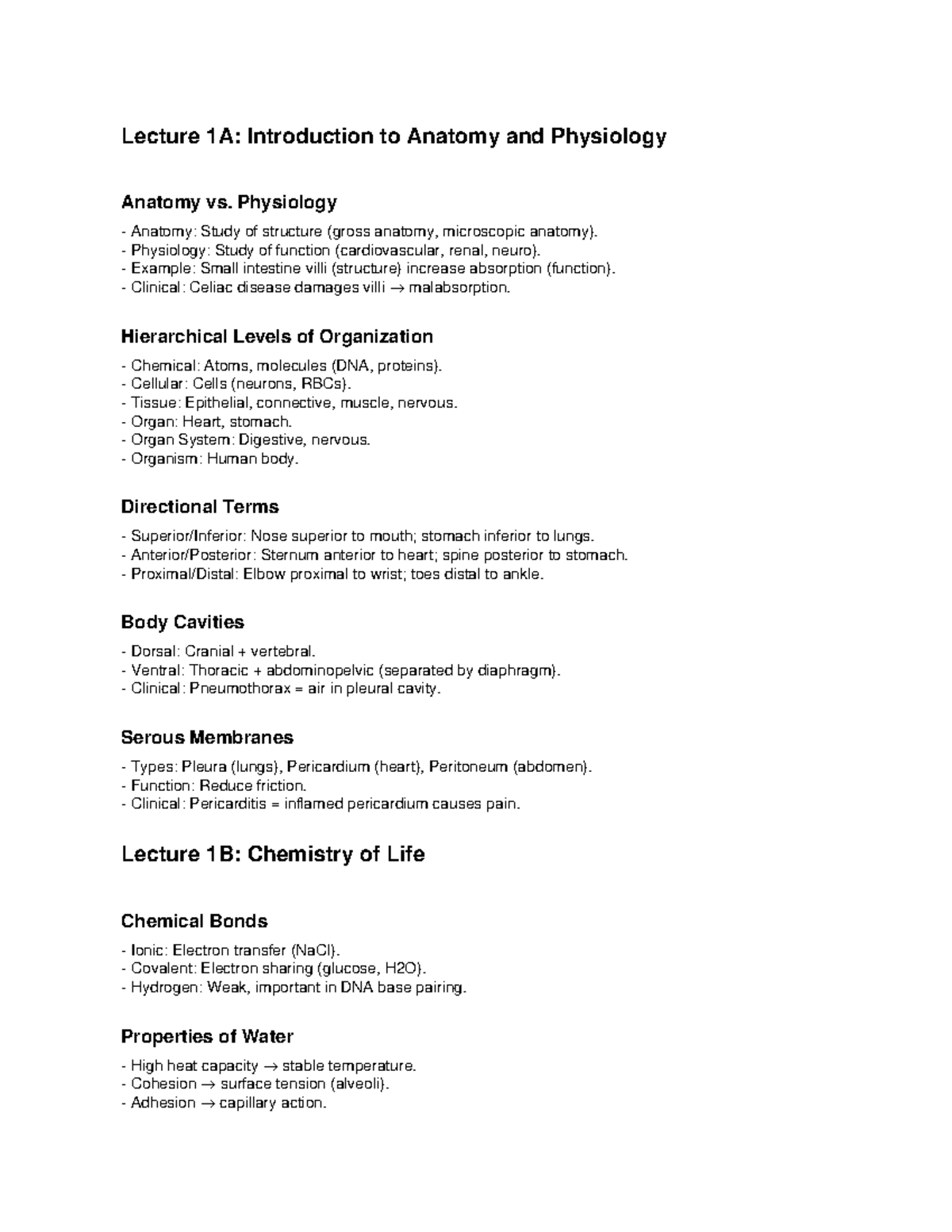 Lecture Notes on Anatomy & Physiology (Course Code TBD) - Studocu