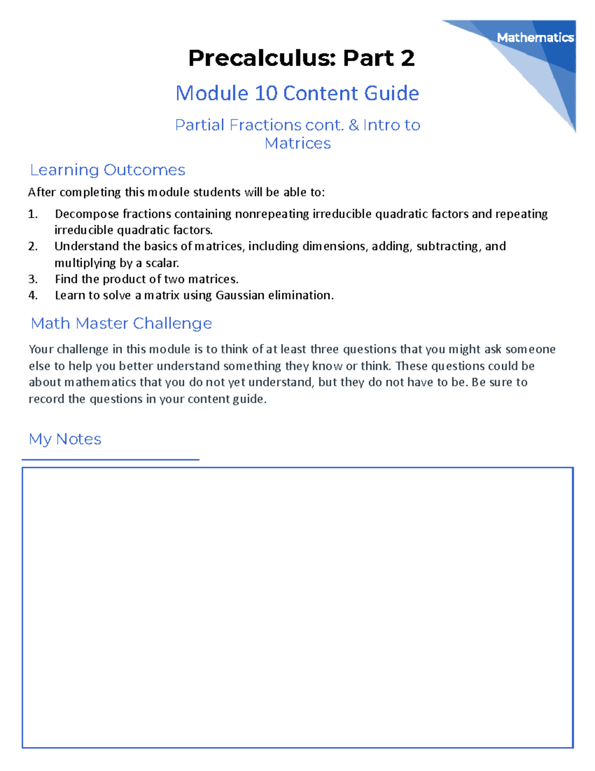M10 Content Guide: Partial Fractions & Matrices in Precalculus - Studocu