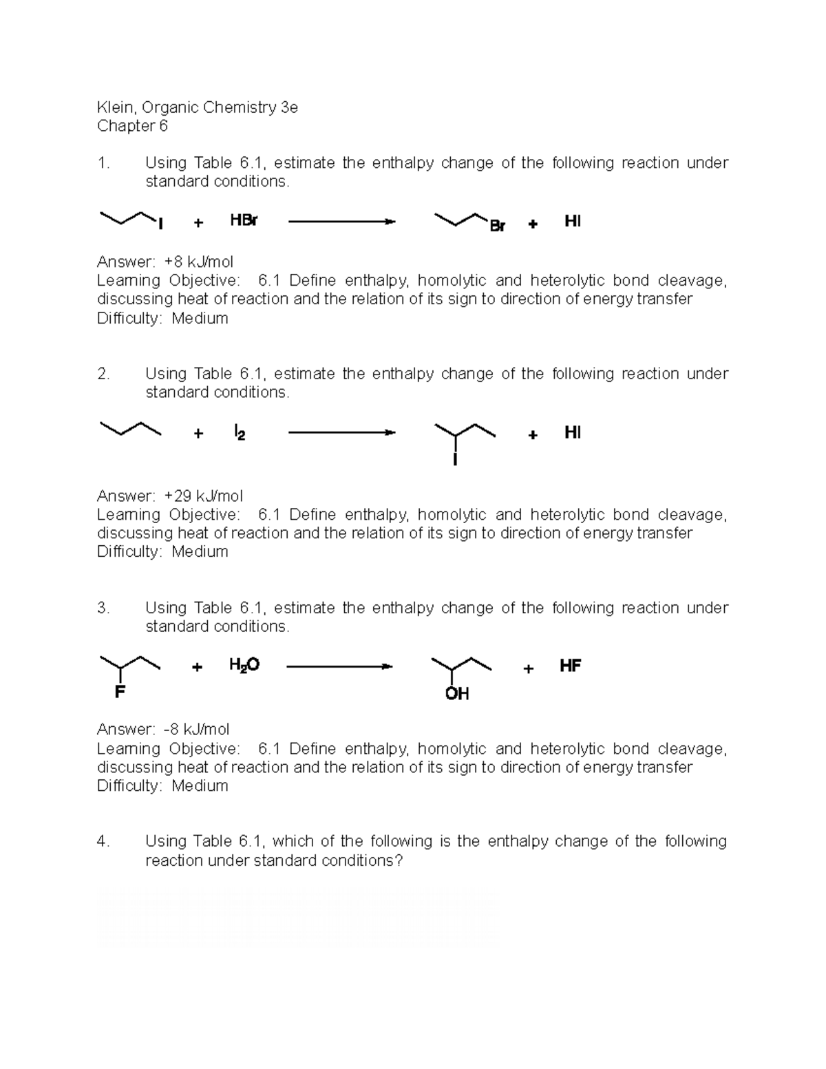 Chapter 6 Test Bank Questions for Organic Chemistry (Klein 3e) - Studocu