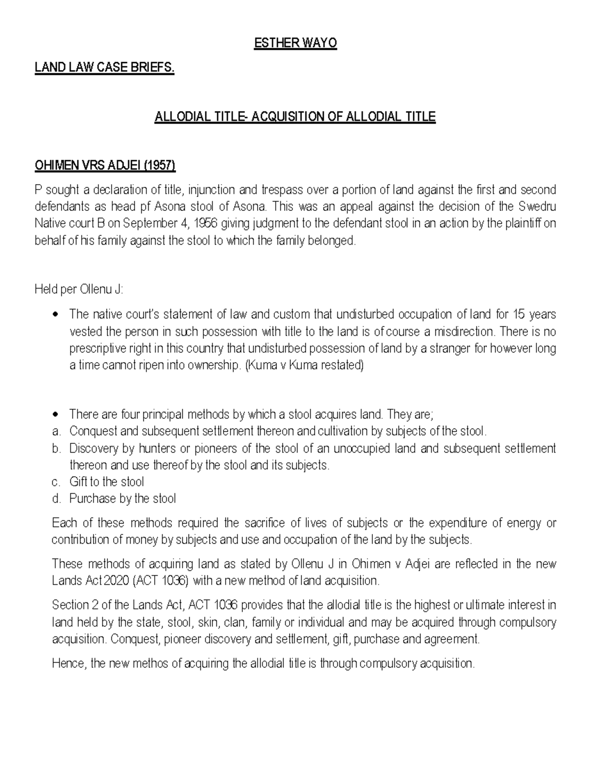 Esther WAYO-1 - Land Law Case Briefs: Allodial Title Insights - Studocu