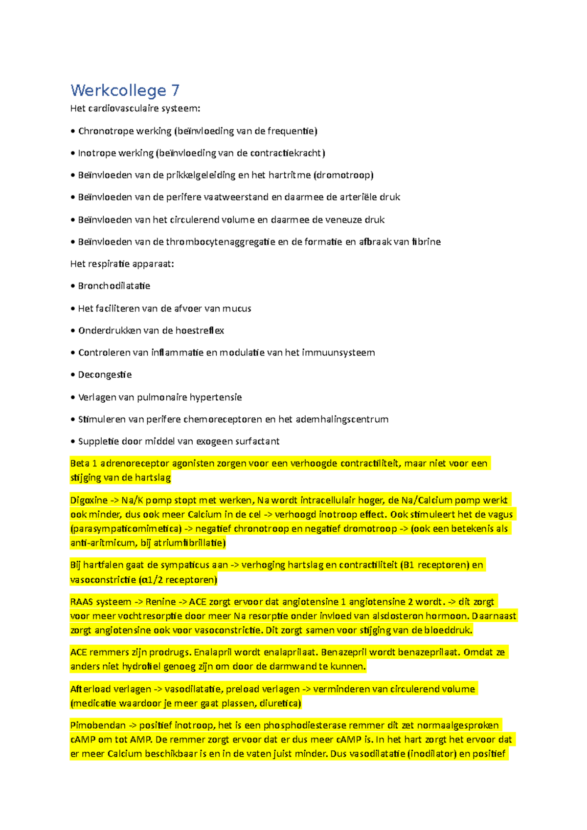 Werkcollege 7 farmacologie - Werkcollege 7 Het cardiovasculaire systeem ...