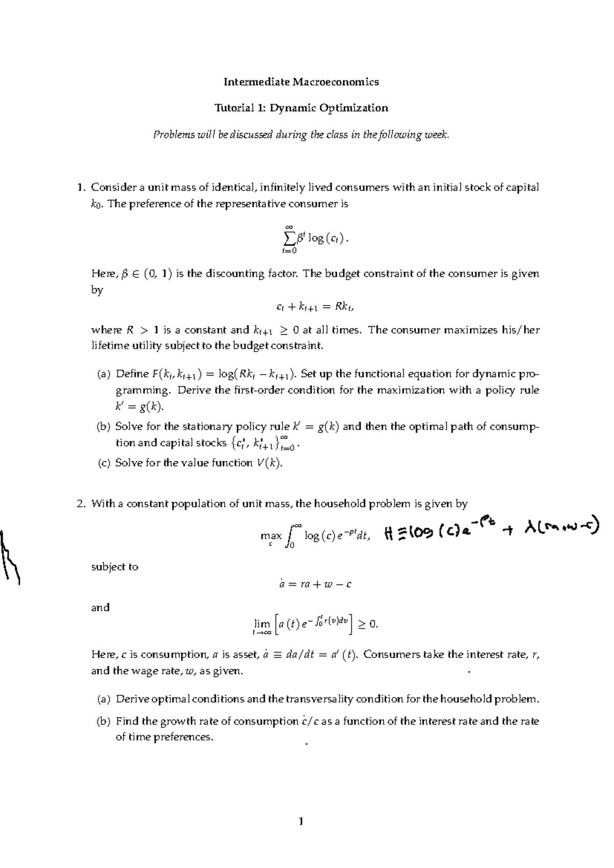 Intermediate Macroeconomics - Tutorial 1: Dynamic Optimization Notes ...